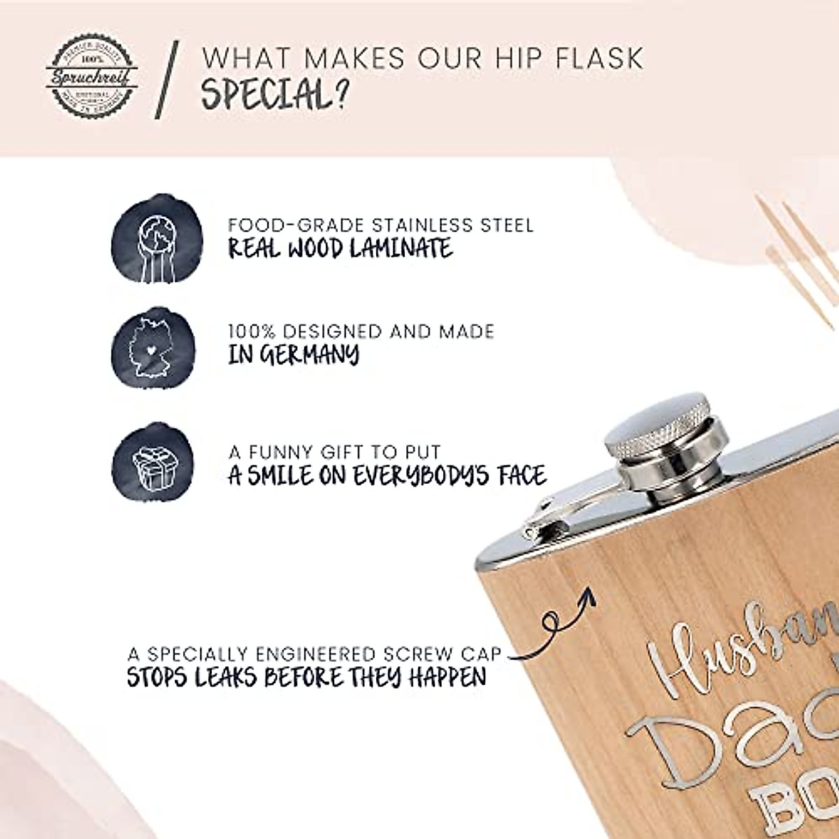 Spruchreif | Engraved Stainless Steel Flask | Wooden Flask | Alcohol Flask | Father's Day Gift | Best Dad | Funny Gift Dad | Husband Dad Boss