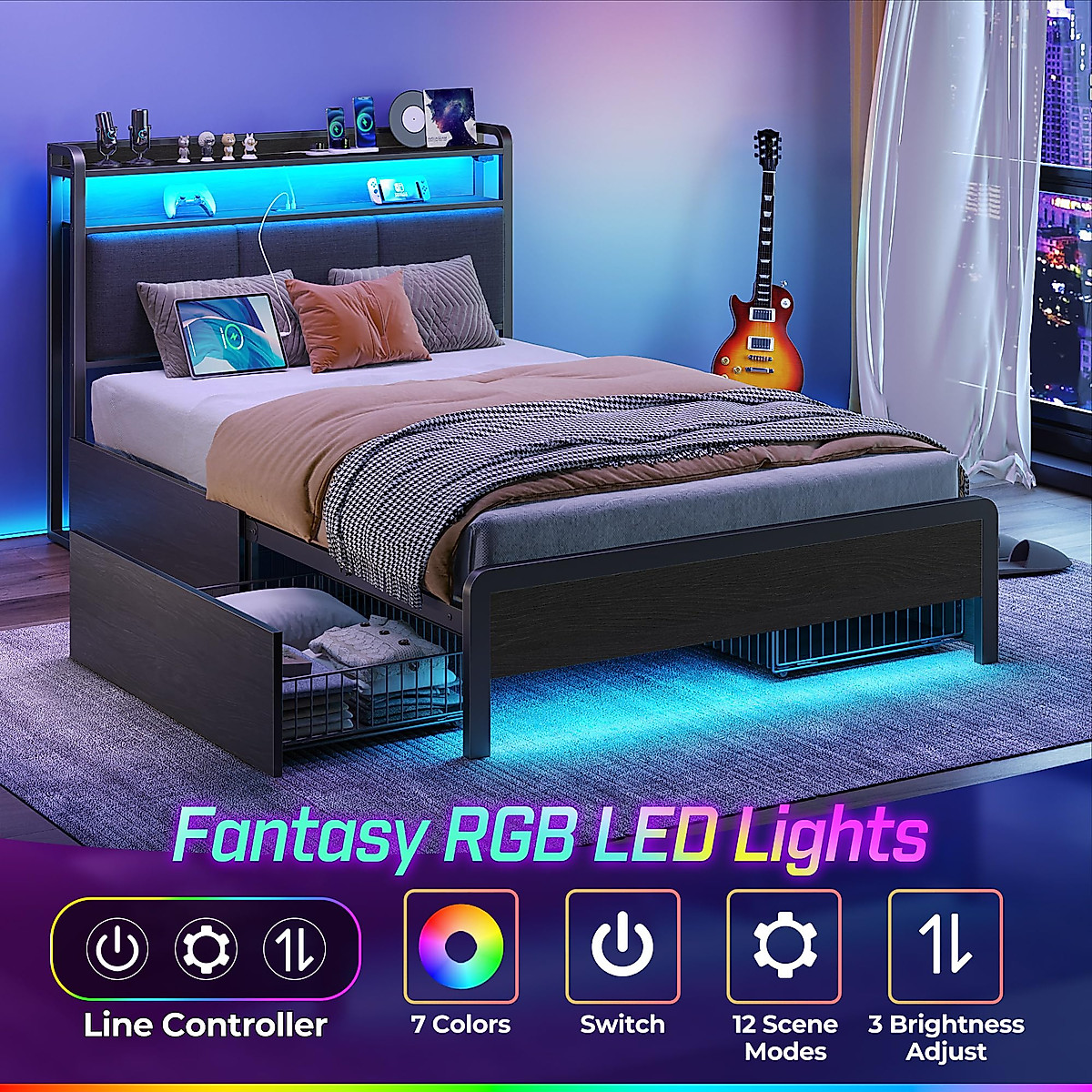 Rolanstar Bed Frame Twin Size with Charging Station and LED Lights, Upholstered Storage Headboard with Drawers, Heavy Duty Metal Slats, No Box Spring Needed, Noise Free, Easy Assembly, Dark Grey