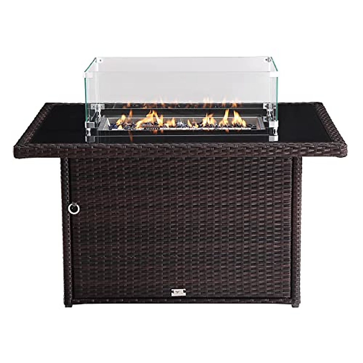 OAKVILLE FURNITURE 44 in Propane Fire Pit Table, 50000 BTU Rectangular Outdoor Gas Fire Pit, Brown Wicker Aluminum Tabletop in Tempered Fire Glass for Outside Patio Garden, Backyard