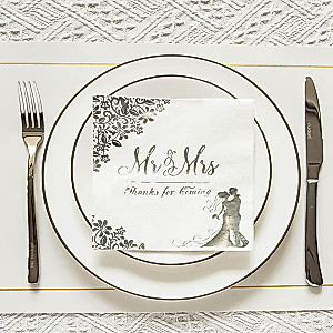 200 Pcs Silver Wedding Napkins for Reception Mr and Mrs Wedding Cocktail Napkins, Disposable Napkins for Wedding, Engagement, Bridal Shower Party Decorations