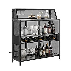 KFO Home Bar Unit, 4 Tier Bar Cabinet with Footrest, Industrial Metal Liquor Cabinet with Wine Rack Storage Shelf, Buffet Cabinet for Home Kitchen Pub (Black)