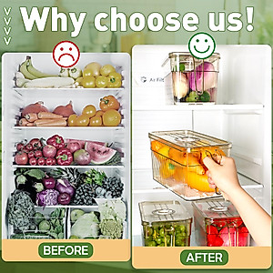 Blushtier 4 Pcs Fridge Organizer Bins with Drain Tray and Lid Handle Plastic Stackable Timer Keep Fresh Sealed Food Storage Container for Vegetables Fruit Salad Lettuce, 10 x 5.3 x 5.3 (Drain Tray)