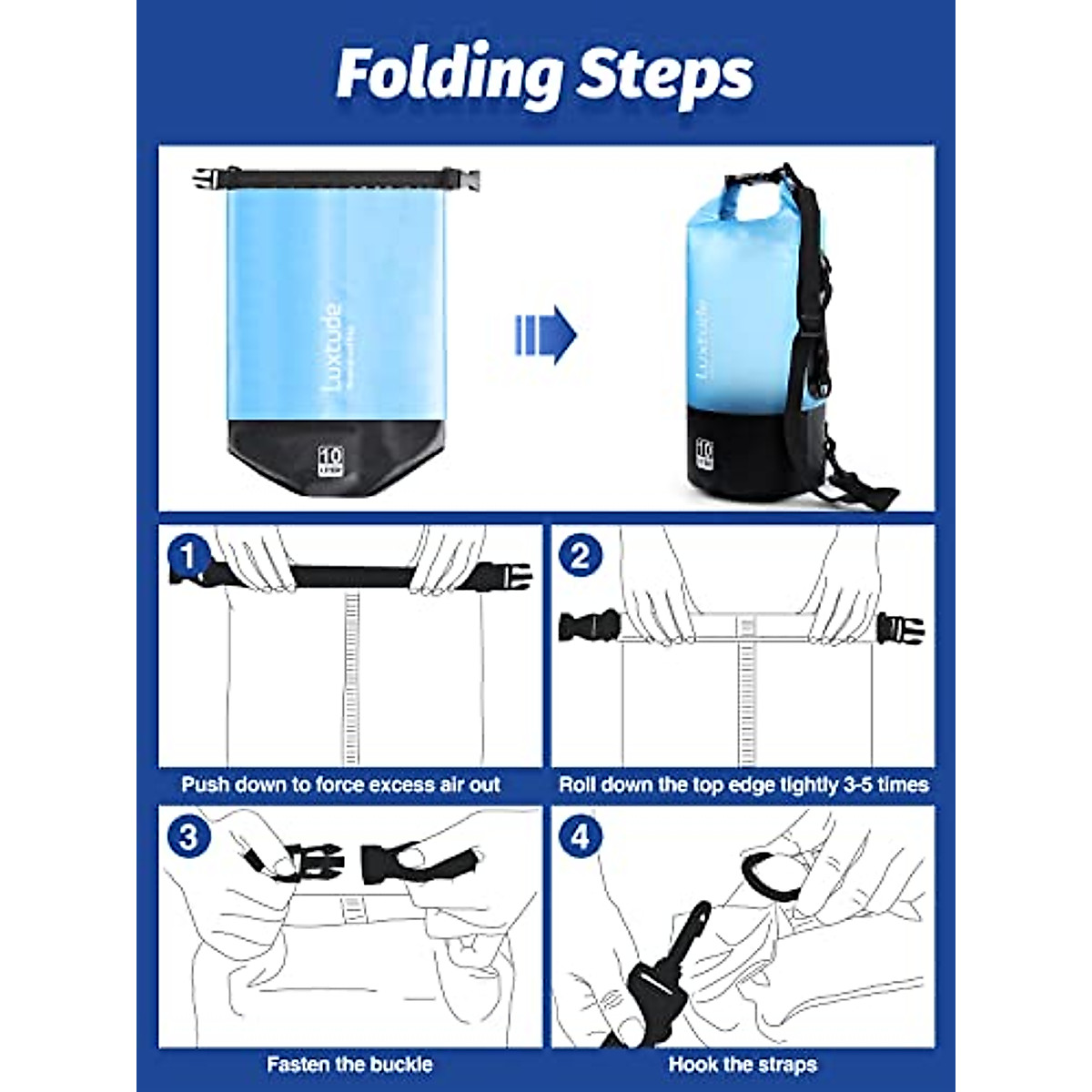 Luxtude Waterproof Dry Bag for Women Men, 5L Waterproof Backpack with Phone Case, Roll Top Floating Marine Dry Bags for Kayaking, Travel, Hiking, Swimming, Boating, Camping, Beach etc. (Blue)