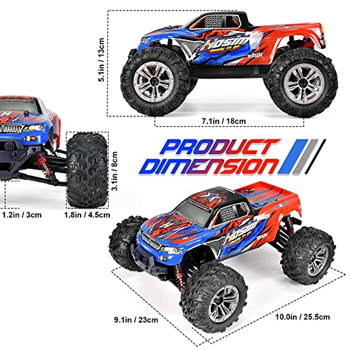 Hosim RC 4x4 Off Road Cars with 2 Batteries 1:16 All Terrain RC Monster Truck 40+ km/h Fast Buggy Remote Control Car for Adults and Children (Red)