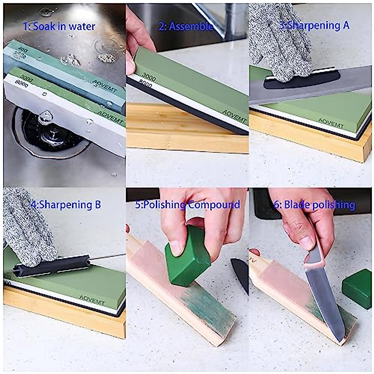 Knife Sharpening Stone Set, Aovemt Whetstone Coarse to Polished Finishes 4-Sided 400/1000 3000/8000 Grit wet stone, Axe Sharpening Stone, Leather Strop, Stropping Compound, Flattening Stone, ect.