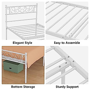 Elephance Twin Size Bed Frame with Headboard and Footboard, Metal Platform Bed Frame with 14 Inch Storage Space Mattress Foundation No Box Spring Needed for Girl Boy White