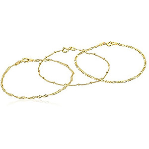 Amazon Collection Gold Plated Sterling Silver Set of Three Singapore, Figaro and Bead Station Chain Bracelet, 7'