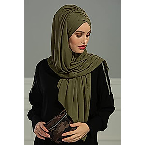 Aisha's Design Instant Hijab for Women Muslim, Presewn 95% Cotton Jersey Turban, Ready to Wear Scarf, Army Green