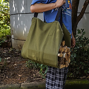 EKDJKK Large Canvas Log Carrier Bag, 100 x 50cm Waterproof Fireplace Firewood Storage Bag Indoor Outdoor Log Holder Waxed Wood Carrier with Padding Straps (Green)