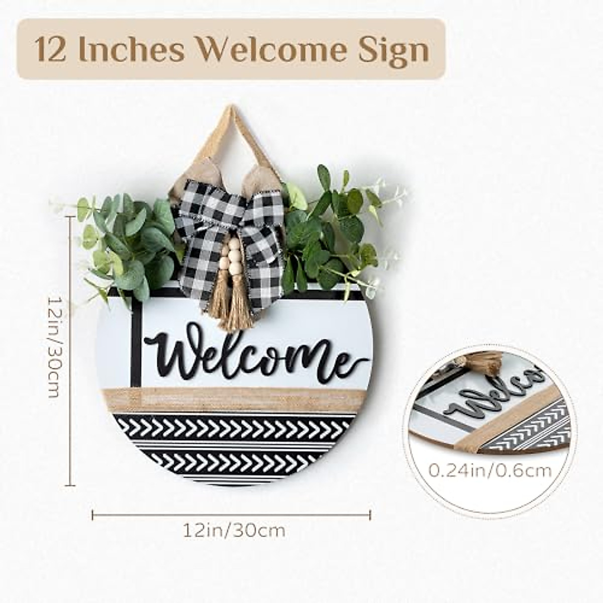 Welcome Sign for Front Door Decor - Walasis Hanging Welcome Signs for All Season Boho Wall Decoration 12inch Wooden Farmhouse Eucalyptus Wreath with Bow Beads for Home