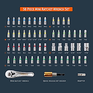 Inwell 58 Piece Screwdriver Bit Set | 1/4" Drive Mini Ratchet Wrench and Sockets Set | Premium S2 Material Driver Bits | Phillips,Slotted,Hex,Square,Trox,Tamper Proof Torx,Quick Release Bit Holder