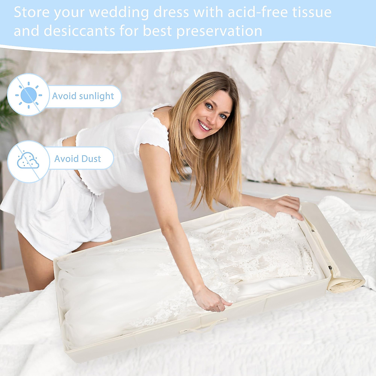 Wedding Dress Storage Box - Wedding Dress Preservation Box with Microfiber Gloves, 20 Sheets of Acid Free Paper and Dustproof Bag, Bridal Essentials, Heirloom Breathable Wedding Dress Box (Beige)