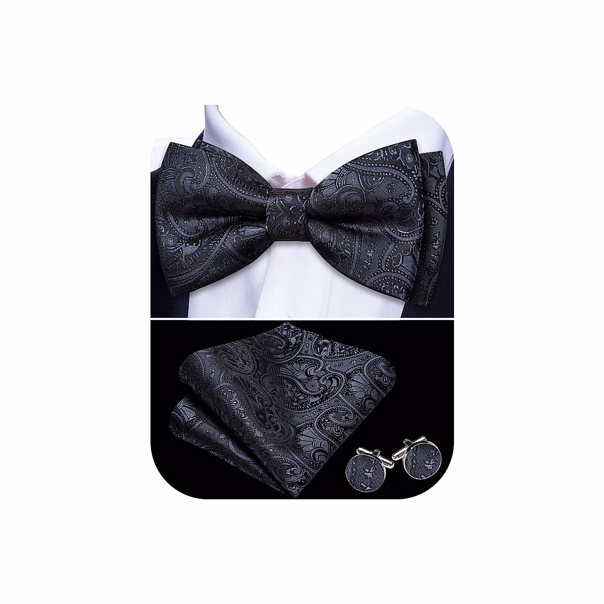 Barry.Wang Men Bow Tie Set Paisley Black Silk Pre-Tied Bowtie Pocket Square Cufflinks Formal Wedding Prom Party Tuxedo