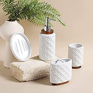 RQYIXI Bathroom Accessories Set 4 Pcs Toothbrush Holder Soap Dispenser Set Ceramic and Wood Bathroom Set Contain Toothbrush Cup Soap Dispenser Soap Dish Tumbler