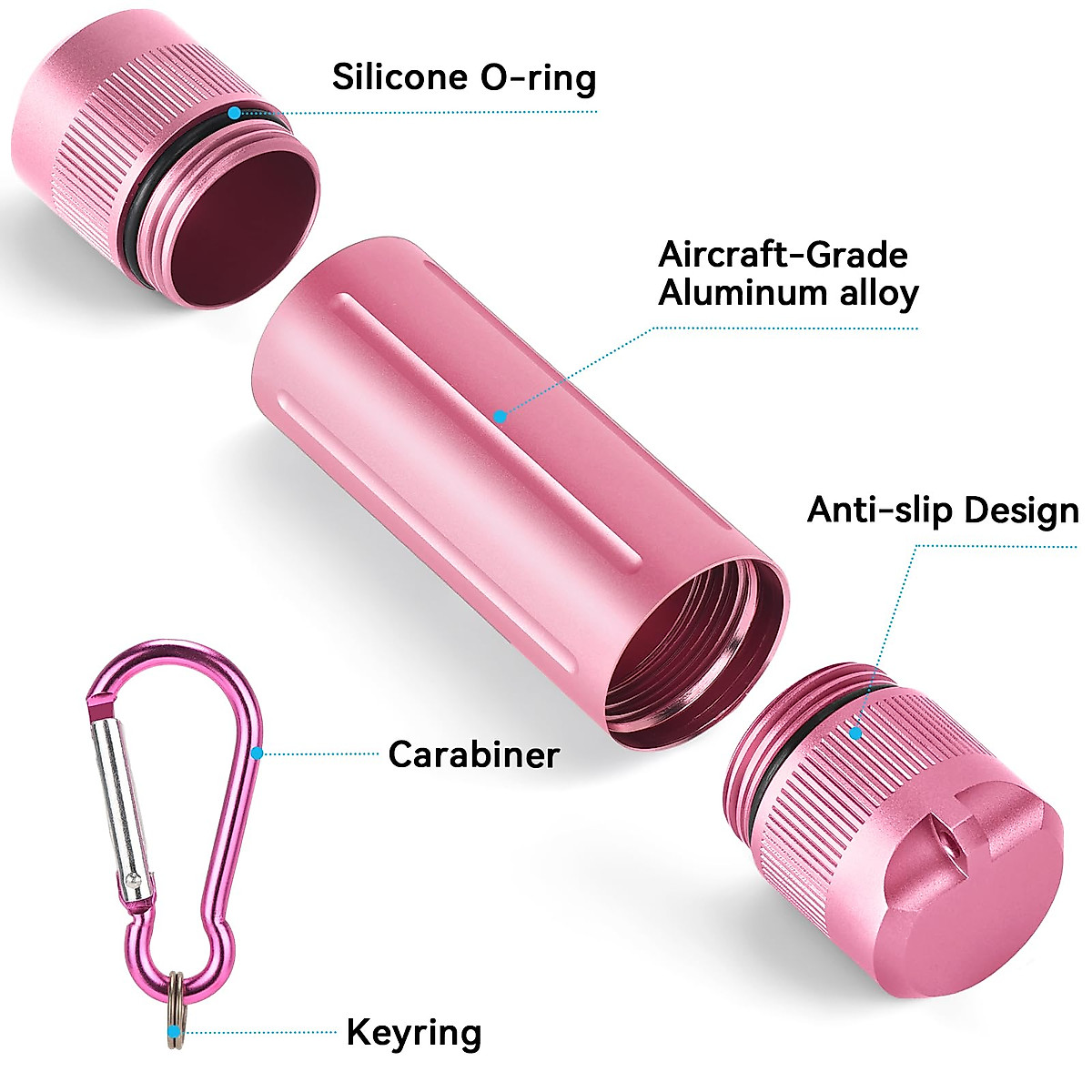 Aufew Smell Proof Airtight Container, Portable Sealed Stash Jar Lightweight Aluminum Travel Storage Tube with Carabiner for Herbs, Spices, Valuables - Pink