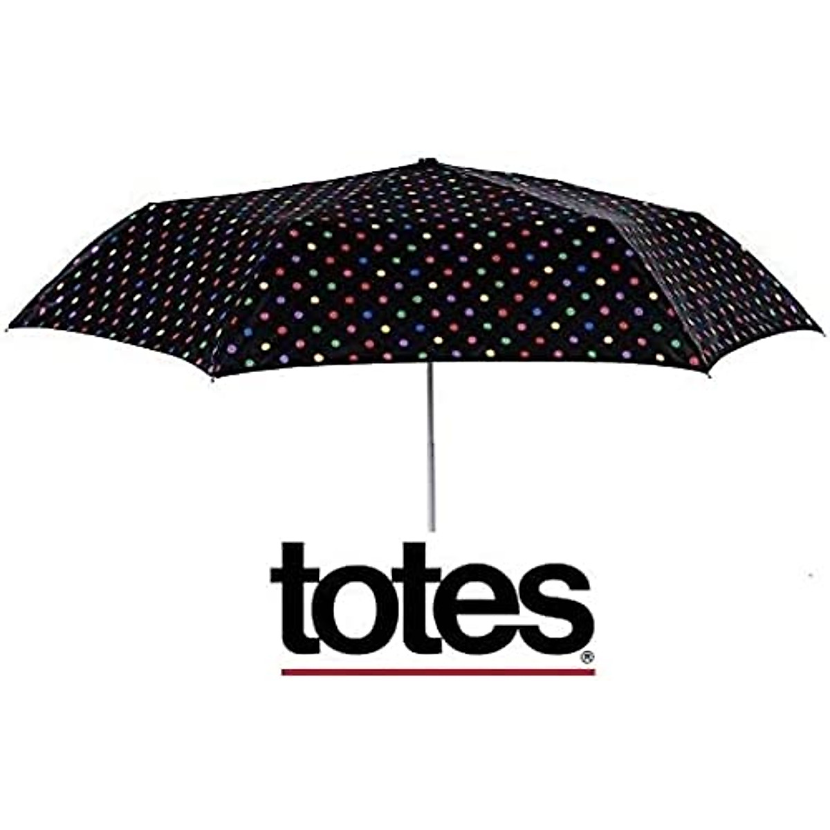 Totes Micro Mini Manual Compact Umbrella, NeverWet technology, Colorful dots on black, 38" arc Coverage