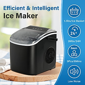 Simple Deluxe Ice Maker Machine for Countertop, 9 Ice Cubes Ready in 6 Mins, 26lbs Ice/24Hrs, Portable Ice Machine with Scoop & Basket, Self-Clean, for Home Kitchen Office Bar Party, Black (HZB-12/H)