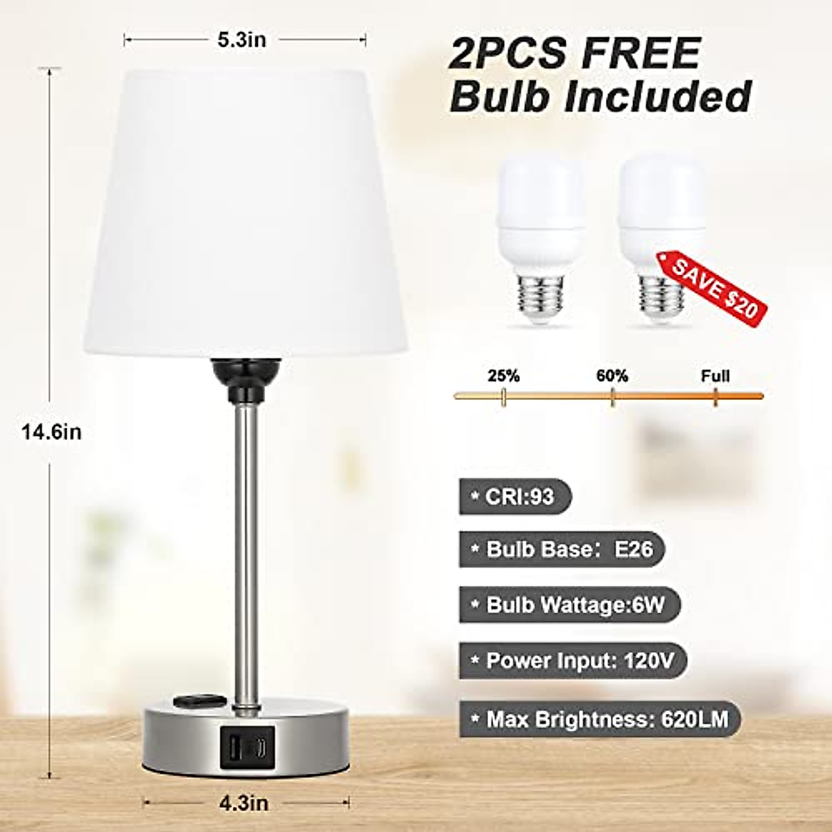 Table Lamps for Bedrooms Set of 2 Bedside - Nightstand Bedroom Lamp with USB C Port and AC Outlet Charging, Dimmable Touch Small End Side Lamp, White Night Stand Light for Kid/Guest Room/Living Room