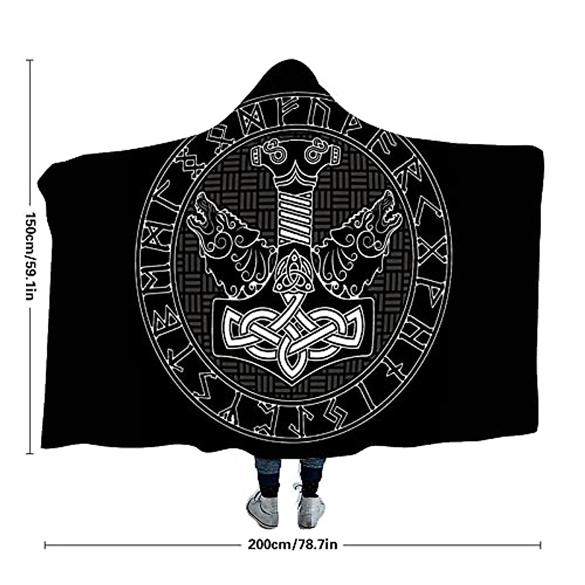 Youtugday Viking Runes Wolf Hammer Hooded Blanket Super Warm and Cozy Sherpa Throw Blanket Wearable Blanket Hoodie Blanket for Women and Men 60"×80"