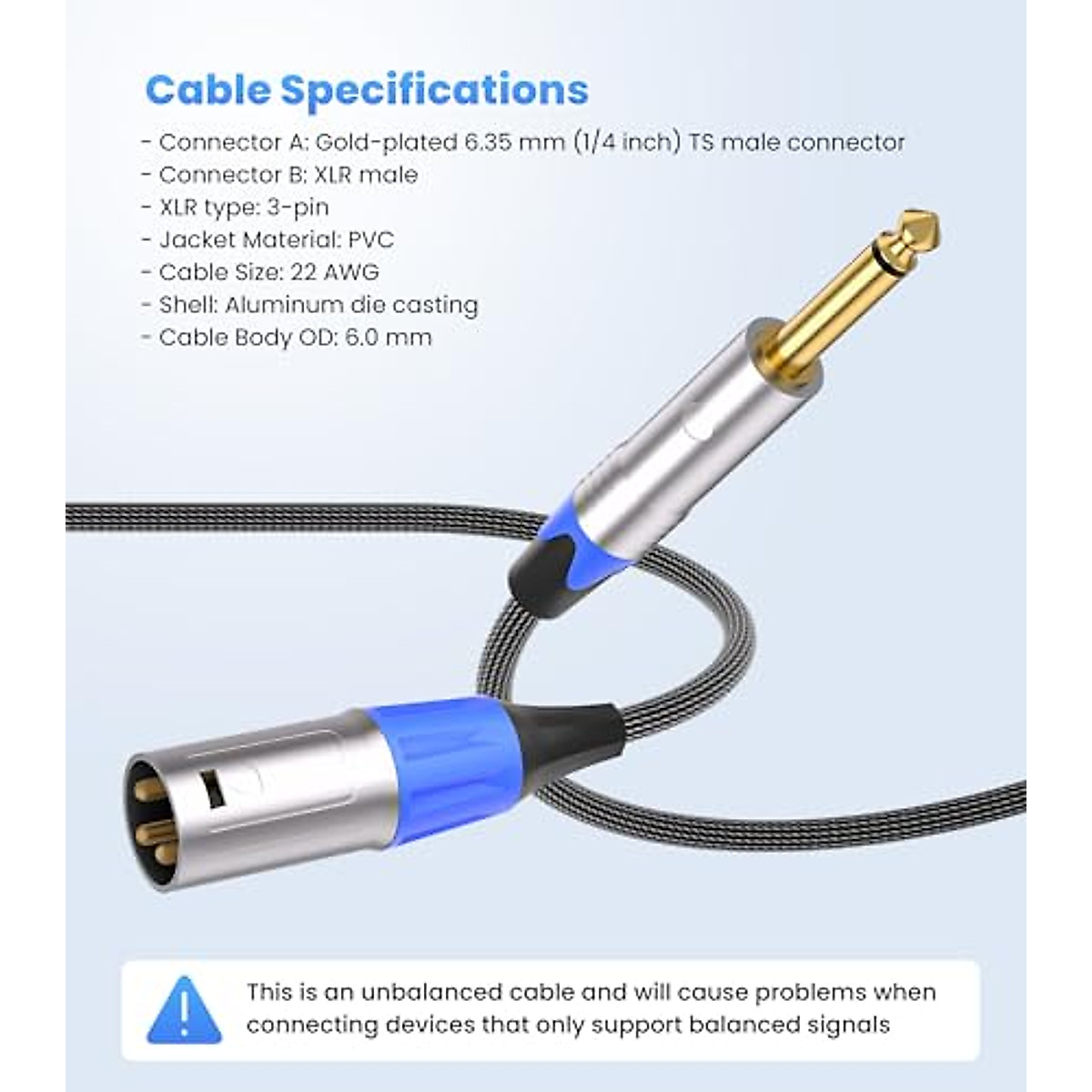 tisino XLR to 1/4" Cable, Quarter inch Mono to XLR Male Unbalanced Interconnect Cable Cord for Amplifiers, Instruments- 6.6 Feet