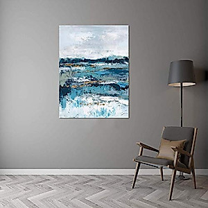 Yihui Arts Abstract Ocean Canvas Wall Art - Blue and Teal Painting with Gold Foil - Modern Coastal Pictures for Living Room Bedroom Kitchen Dinning Decor