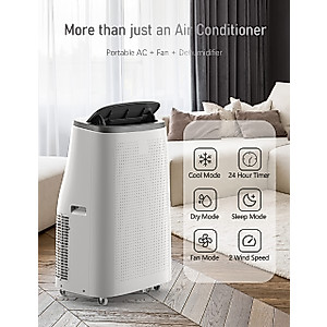 DEXSO Portable Air Conditioner 14,000BTUs, A/C for Rooms up to 750 Sq. Ft, Built-in Dehumidifier, Fan, and Sleep Mode, Includes Remote Control, Reusable Filter, and Window Kits