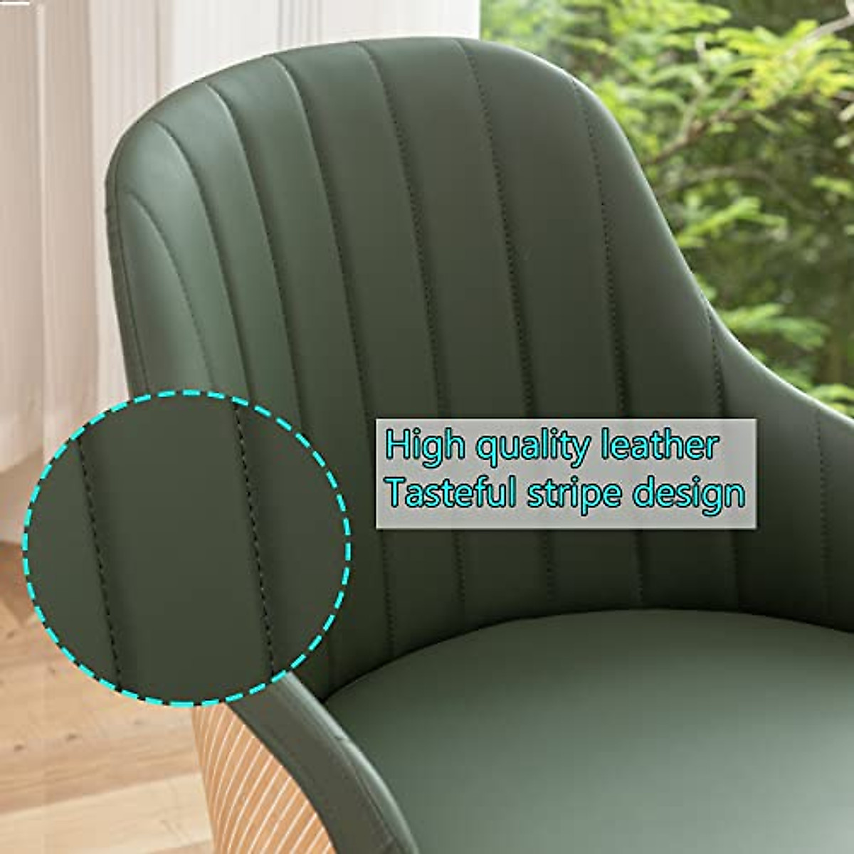 YOUUGIOR Modern Dining Room Chairs, Mid Century Leather Upholstered Accent Arm Chairs,Leisure Side Chairs with Metal Legs and Bamboo Back for Kitchen Room,Dining Room,Set of 2,Green.