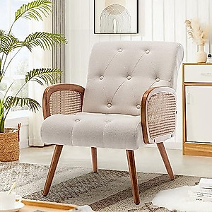 POINTANT Rattan Accent Chair Modern Chair with Rattan Arms Reading Side Mid Century Chair Living Room Chair Boho Chair with Wooden Frame for Home Bedroom Beige