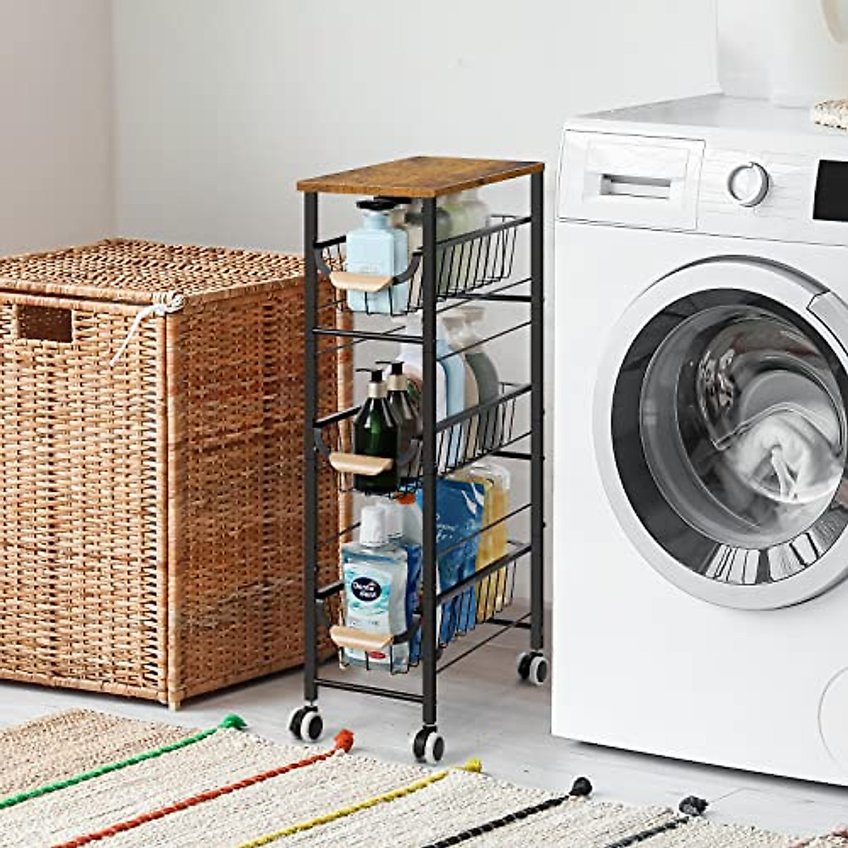 Shinoske Slim Rolling Storage Cart,4-Tier Rolling Kitchen Cart,Narrow Utility Cart with Pull-Out Basket and Wooden Top,for Ktichen,Bathroom,Laundry Room,Small Space,Rustic Brown