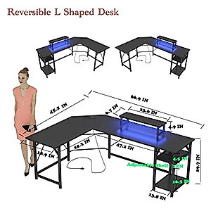 SZXKT L Shaped Computer Desk with Monitor Stand and Power Outlets,Gaming Desk with Storage Shelf and LED Lights,Home Office Reversible Corner with Hooks (Black)