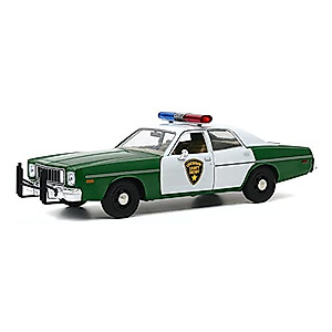 ModelToyCars Diecast Car w/Display Case - 1975 Plymouth Fury Chickasaw County Sheriff, Green and White - Greenlight 84096 - 1/24 Diecast Car