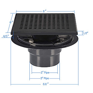 6 Inch Square Shower Floor Drain with ABS Shower Drain Base, 304 Stainless Steel Drain Cover, Matte Black