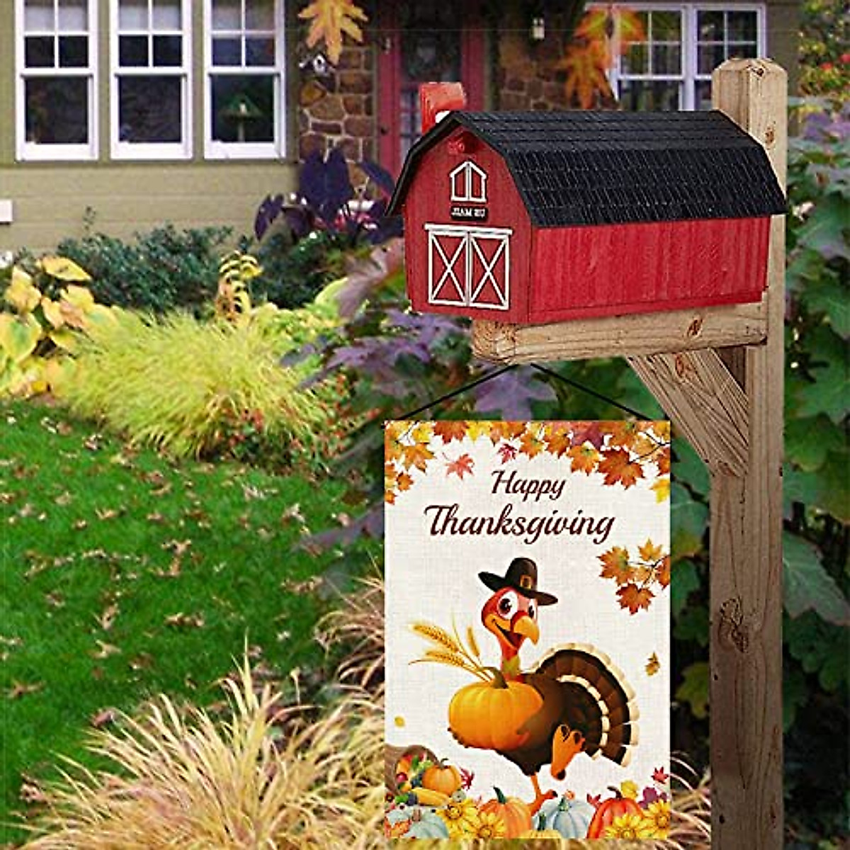 Happy Thanksgiving Garden Flags, Thanksgiving Yard Flag, Pumpkins Maple leaves Fall Flag Harvest Turkey Flags Double Sided Burlap House Decorations for Home 12 x 18 Inch