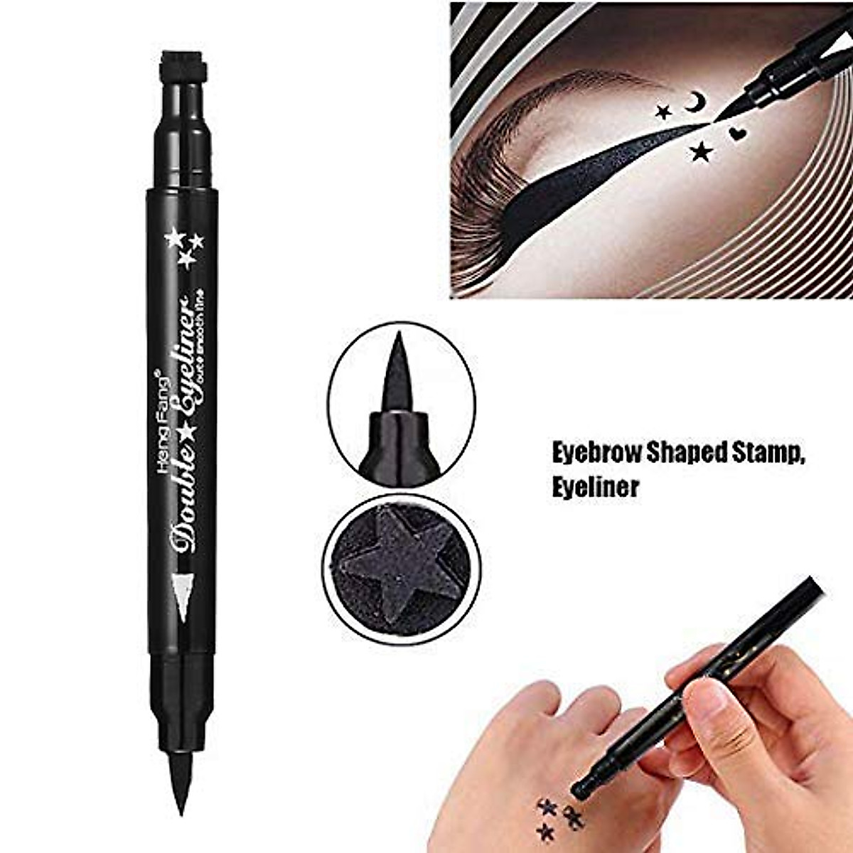 FATUXZ Double-headed Liquid Eyeliner Pen Stamp Super Slim Gel Felt Tip Waterproof Long Lasting Makeup Tool(Heart/Moon/flower/Star Shape Stamp Pen, 4 Styles/Set)