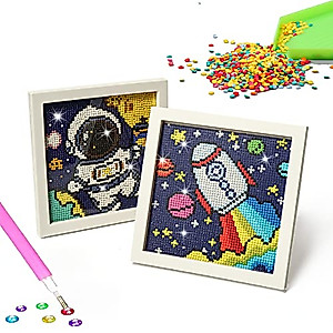 Spaceship Diamond Painting Kits for Kids Beginner with Frame 2 Pack - 5D Full Drill Round Diamond Art Rhinestone Embroidery Astronaut Gem Arts Craft for Kids, DIY Paint with Diamonds Wall Decor 7 inch