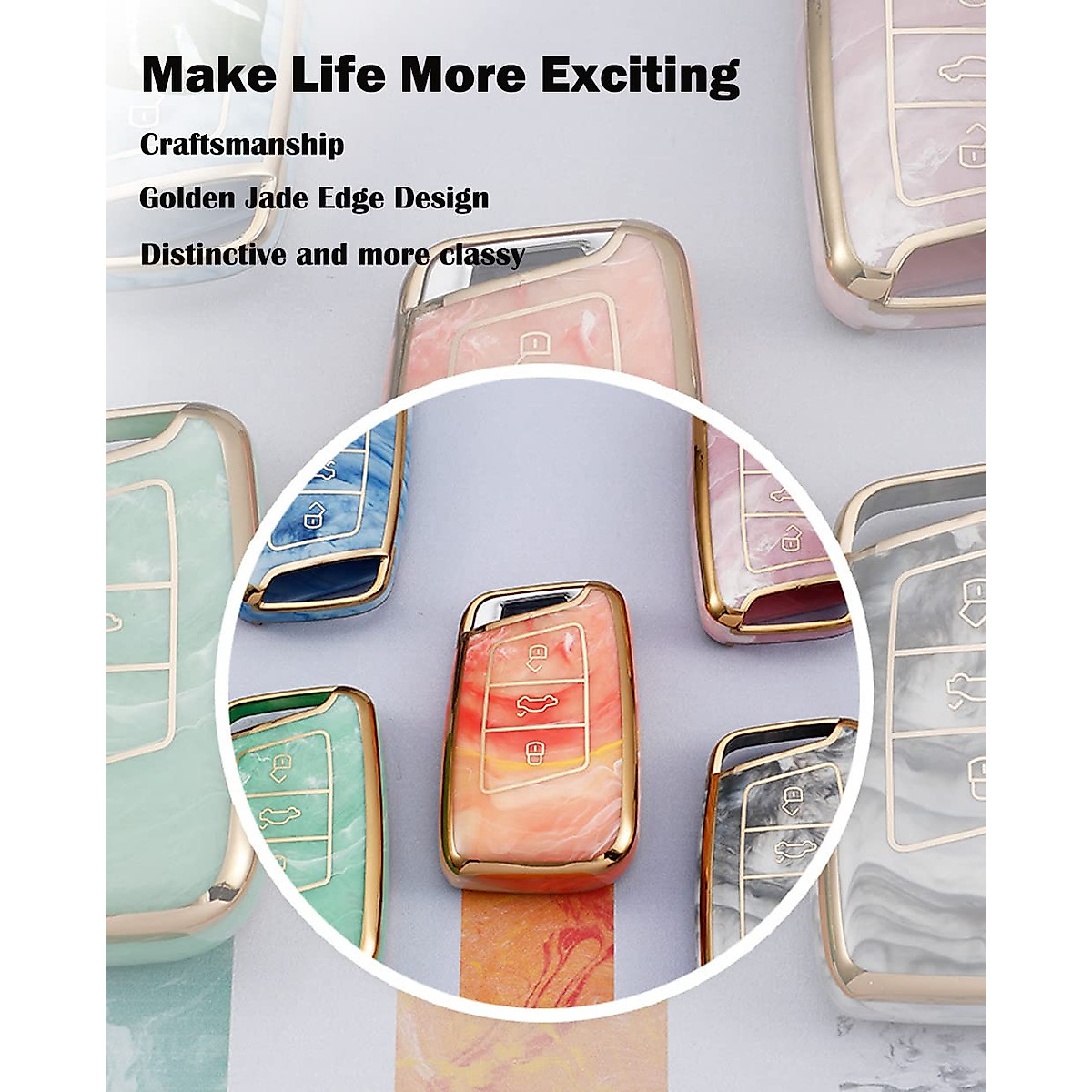 SANRILY Golden-edge Jade Pattern Key Fob Cover for VW Atlas Arteon Jetta Golf Alltrack Passat for Tiguan Skoda Kodiaq Superb A7 Accessories with Leather Keychain Keyless Smart Key Case Shell Orange