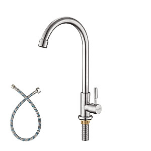 KirlystonE Cold Water Only Kitchen Faucet, Solid Stainless Steel Bar Deck Mount Cold Faucet for Outdoor Sink with Supply Line