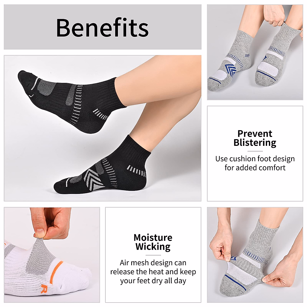 COOPLUS Men's Cotton Athletic Ankle Socks Performance Cushioned Quarter Moisture Wicking Sock - 6 Pairs