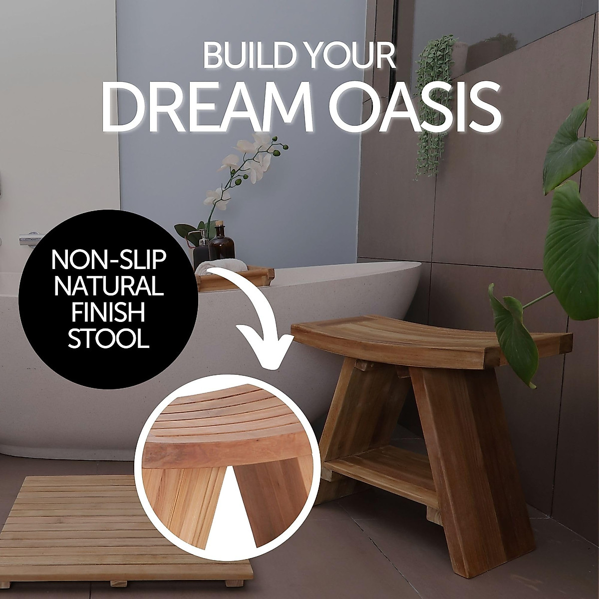 NORDIC STYLE TEAK Shower and Bath Stool, Teak Wood Shower Bench, Indoor and Outdoor Use 17.7" (Natural Finish w/Curved Seat)