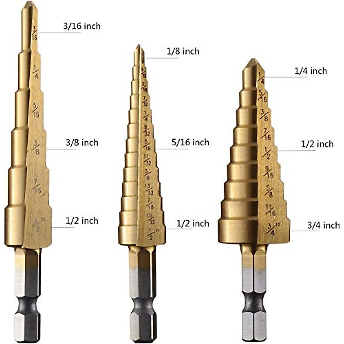 Yakamoz 3PCS High Speed Steel HSS Titanium Step Drill Bit Set Quick-Change 1/4" Hex Shank SAE - Total 28 Sizes