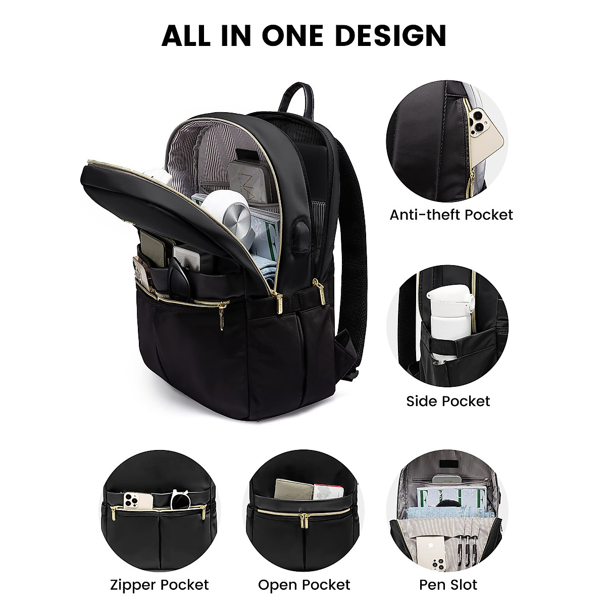 LOVEVOOK Travel Laptop Backpack Women, 15.6 Inch Anti-Theft Water Resistant Computer Back Pack, College Work Teacher Nurse Bag with USB Charging Port, Large Capacity, Black