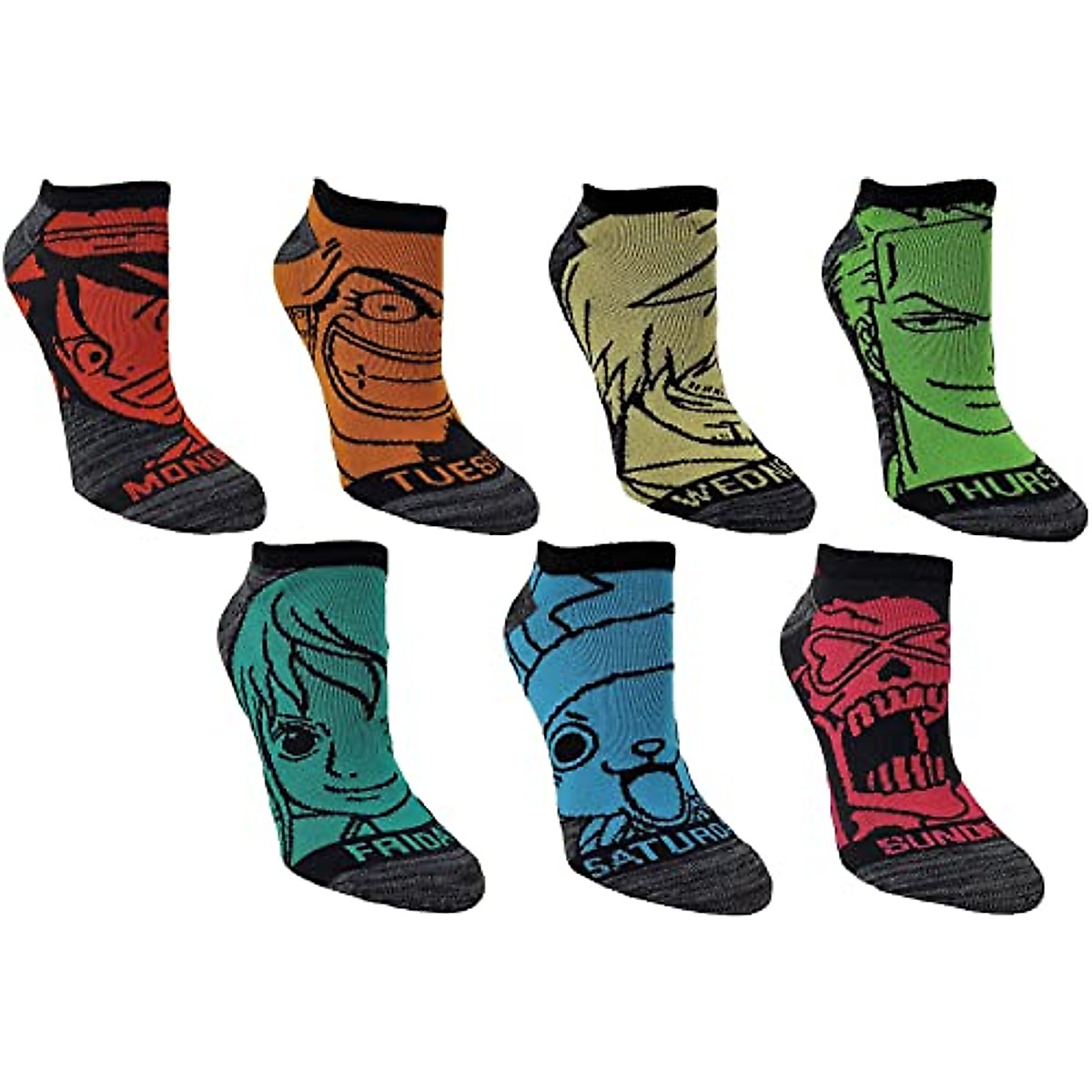 Ripple Junction One Piece Anime 7 Days of the Week Characters Multi Pack Adult Ankle Socks