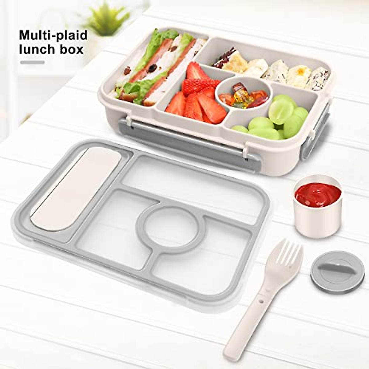 Dagugu Lunch Box Kids,Bento Box Adult Lunch Box,Lunch Box Containers for Adults/Kids/Toddler,5 Compartments Bento Lunch Box with Leakproof Sauce Vontainers,Microwave/Dishwasher/BPA Free(white)