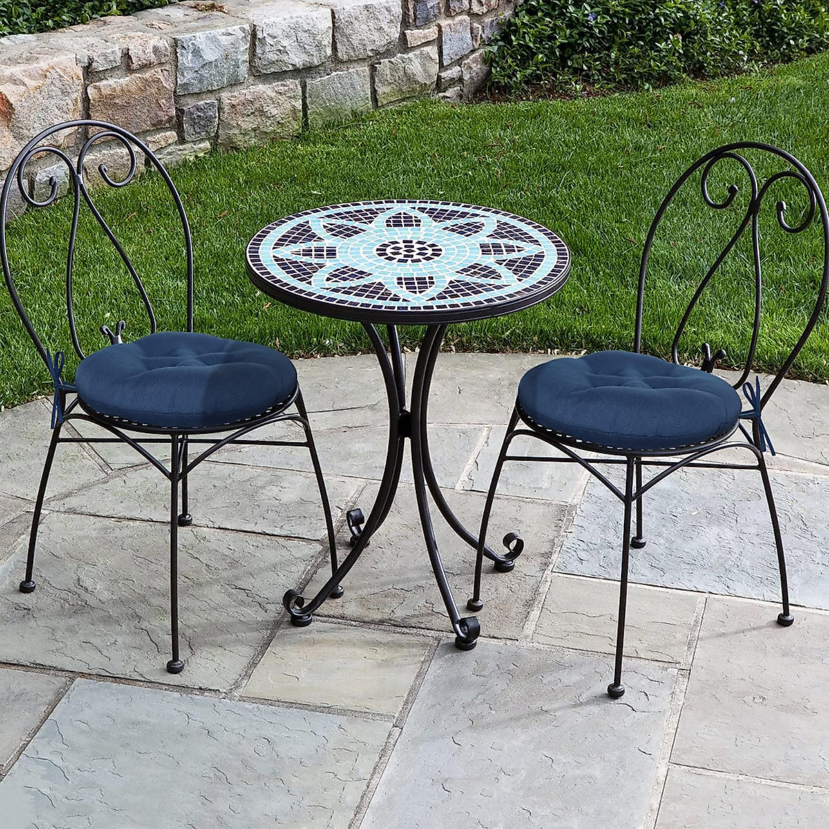 COZPLEN Outdoor Round Bistro Chair Cushions, 15 inch Circular Seat Cushions with Ties for Dining Chairs, Set of 2, Navy Blue