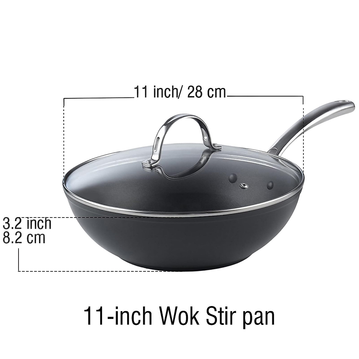 Cooks Standard Nonstick Stir-Fry Wok Pan 11-Inch, Hard Anodized Deep Frying Pan with Glass Lid, Flat Bottom, Black