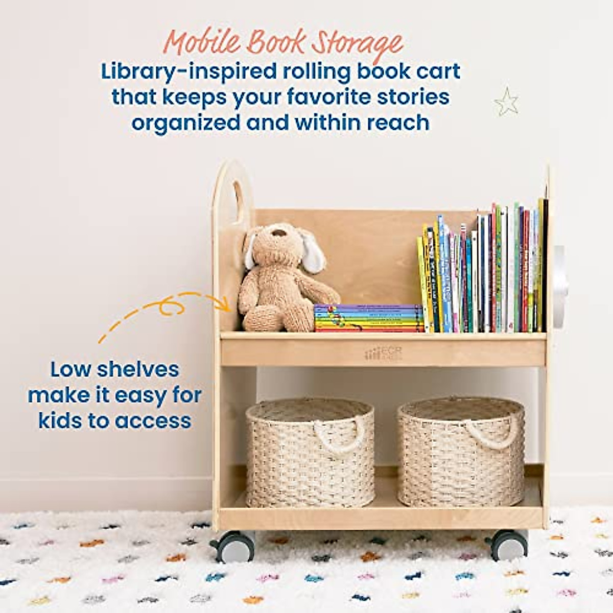 ECR4Kids Mobile Book Cart with Countdown Timer, Classroom Bookshelf, Natural
