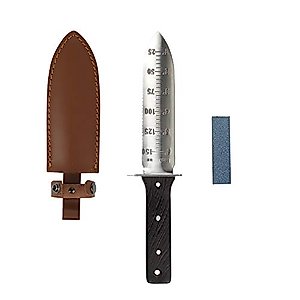 GARTOL Hori Hori Gardening Knife Tools - Weeding & Digging Knife, with 7.1inch Double Sharp Edge Japanese Blade and Full Tang Handle, Cowhide Protective Sheath, Sharpening Whetstone