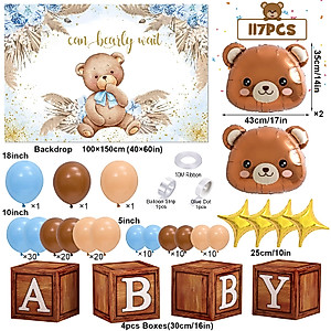 117 Teddy Bear Baby Shower Decorations for Boy Birthday Supplies Brown Blue Balloon Garland Kit Wood Grain Boxes with Letters Bearly Wait Backdrop Bear Theme Baby Shower Decor
