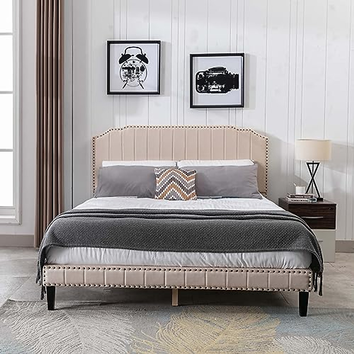 Queen Size Linen Upholstered Platform Bed Frame with Soft Curved Headboard and Wooden Slats Support, No Box Spring Needed for Boys Girls Teens Adults, Noise-Free, Under Bed Storage (Beige)