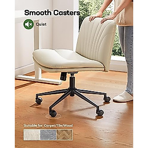 Marsail Armless-Office Desk Chair with Wheels: PU Leather Cross Legged Wide Chair,Comfortable Adjustable Swivel Computer Task Chairs for Home,Office,Make Up,Small Space,Bed Room(Light Beige)